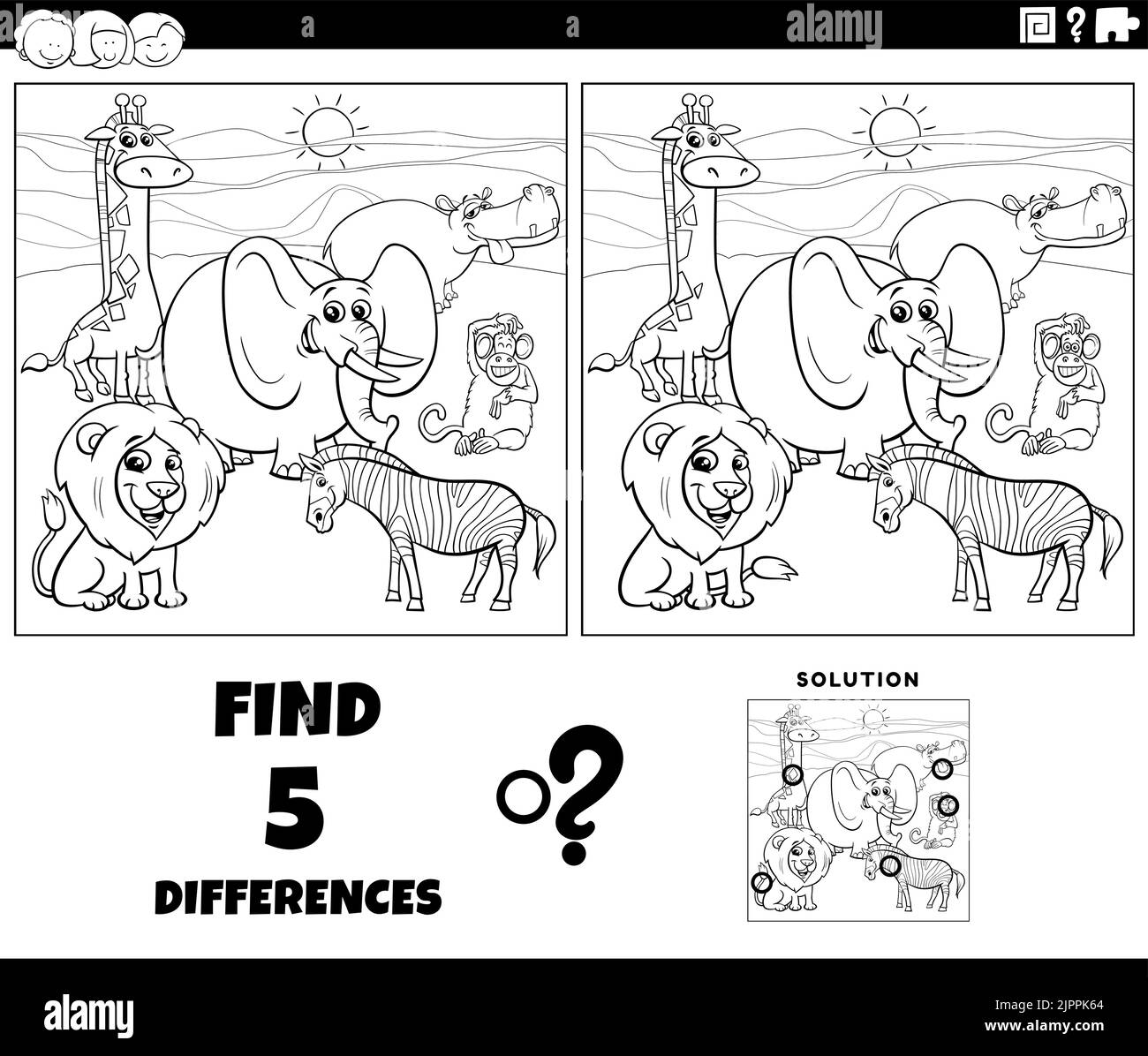 Black and white cartoon illustration of finding the differences between pictures educational ...