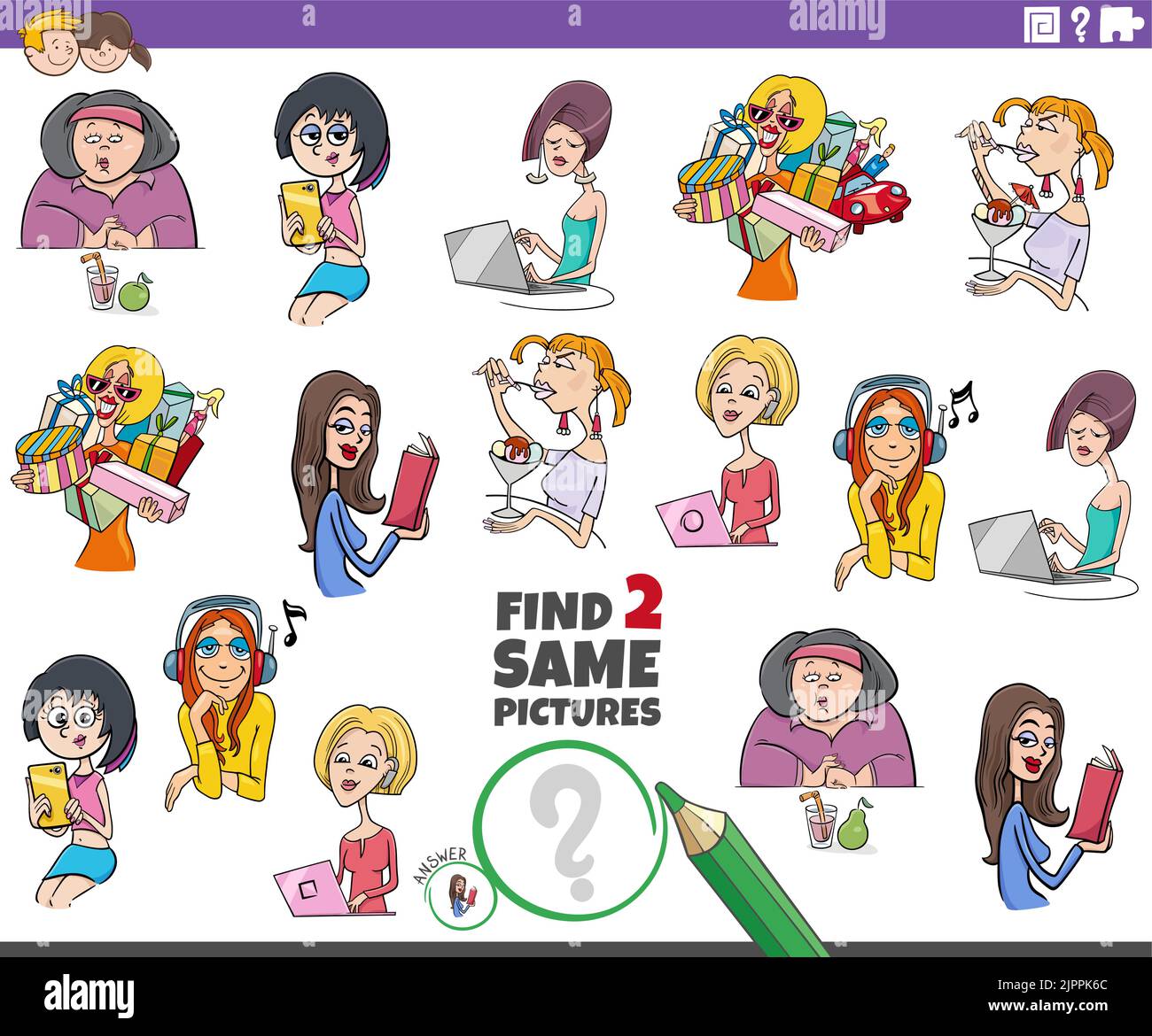 Cartoon illustration of finding two same pictures educational task with comic women characters ...