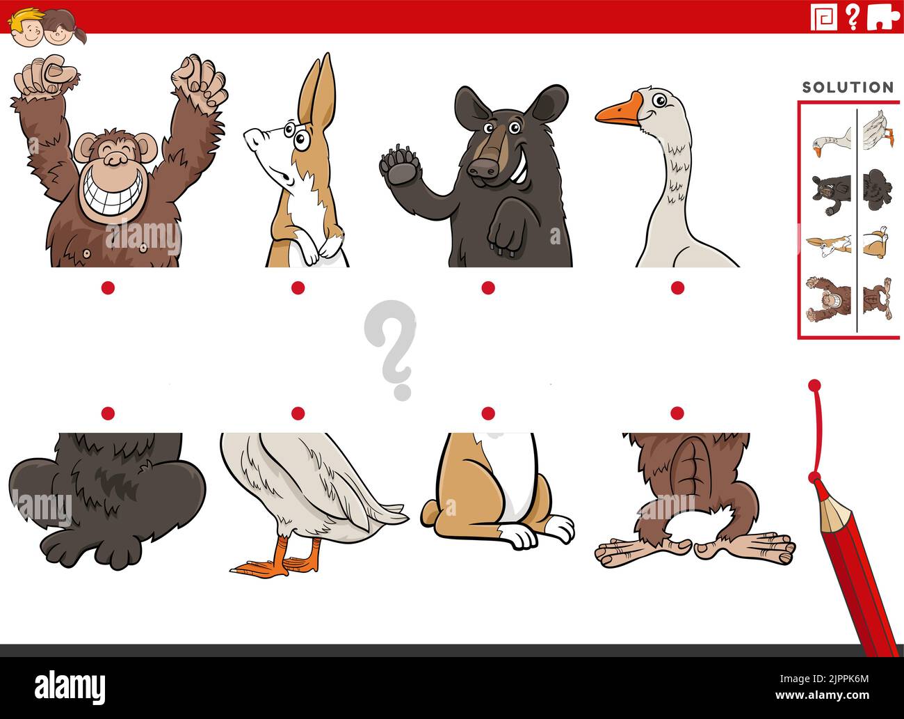 Cartoon illustration of educational task of matching halves of pictures ...