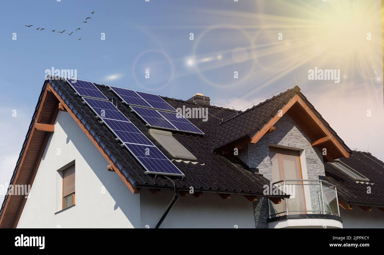 Solar panel home photo of house. Photovoltaic on modern home. Solar ...