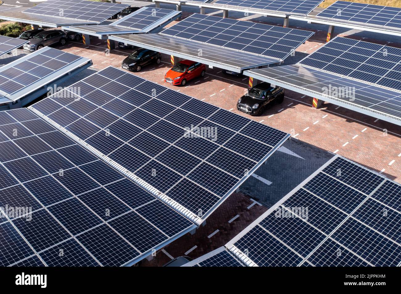 LEEDS, UK - AUGUST 19, 2022. Aerial view above innovative solar panels ...