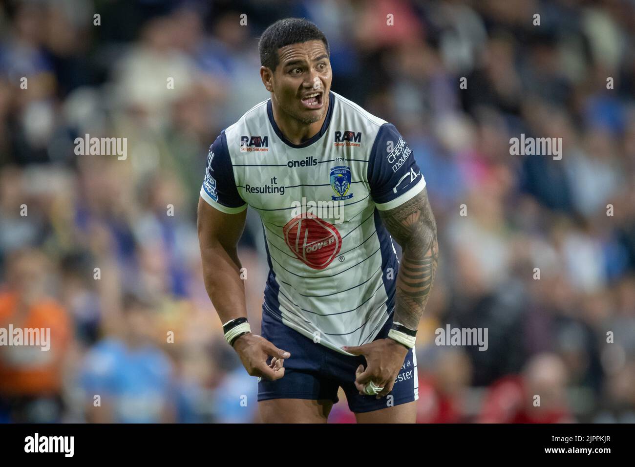 Peter Mata’utia #3 of Warrington Wolves shouts to his team mates during ...