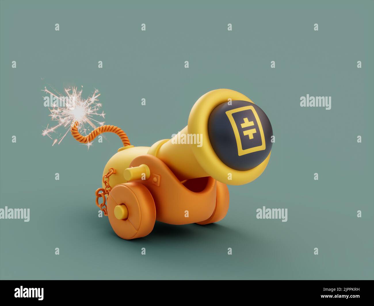 A 3D rendering of an orange-yellow cannon wheels siege attack defense ...