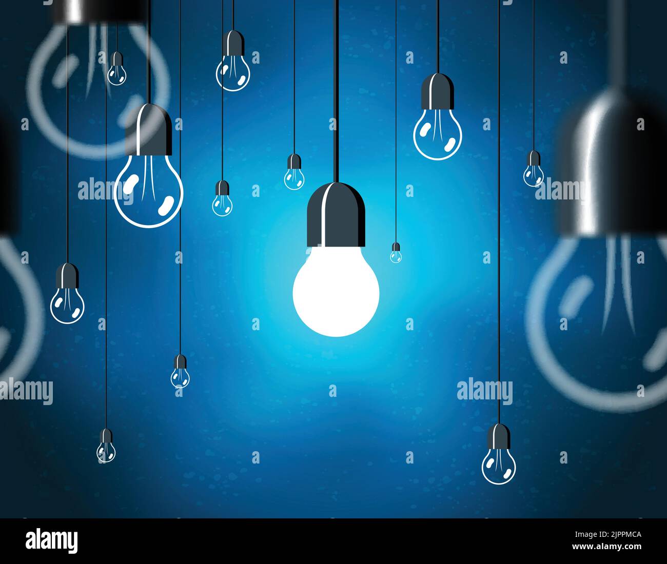 Light bulbs on blue background, horizontally seamless pattern, energy bulb hanging on cord ...