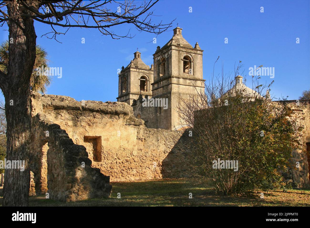 Mission Concepcion: An old Spanish stone mission, includes blue skies ...