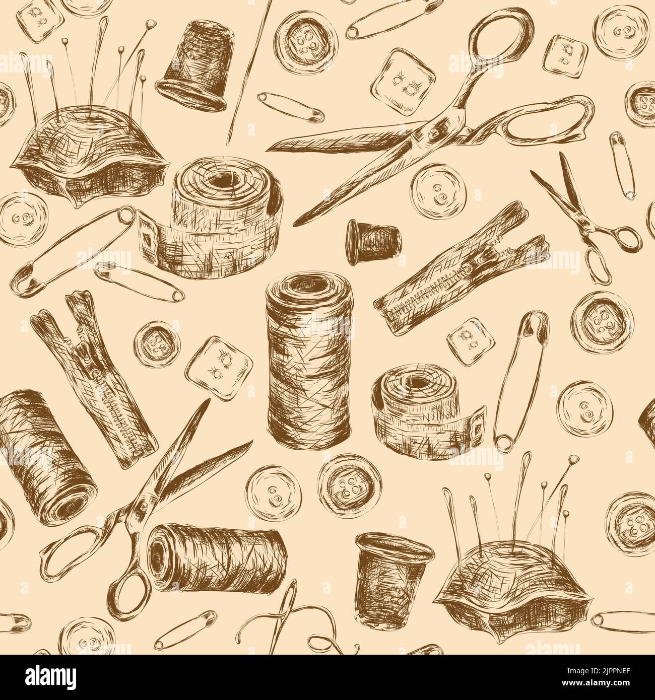 Sewing sketch seamless pattern with thread spool needle pillow scissors vector illustration ...