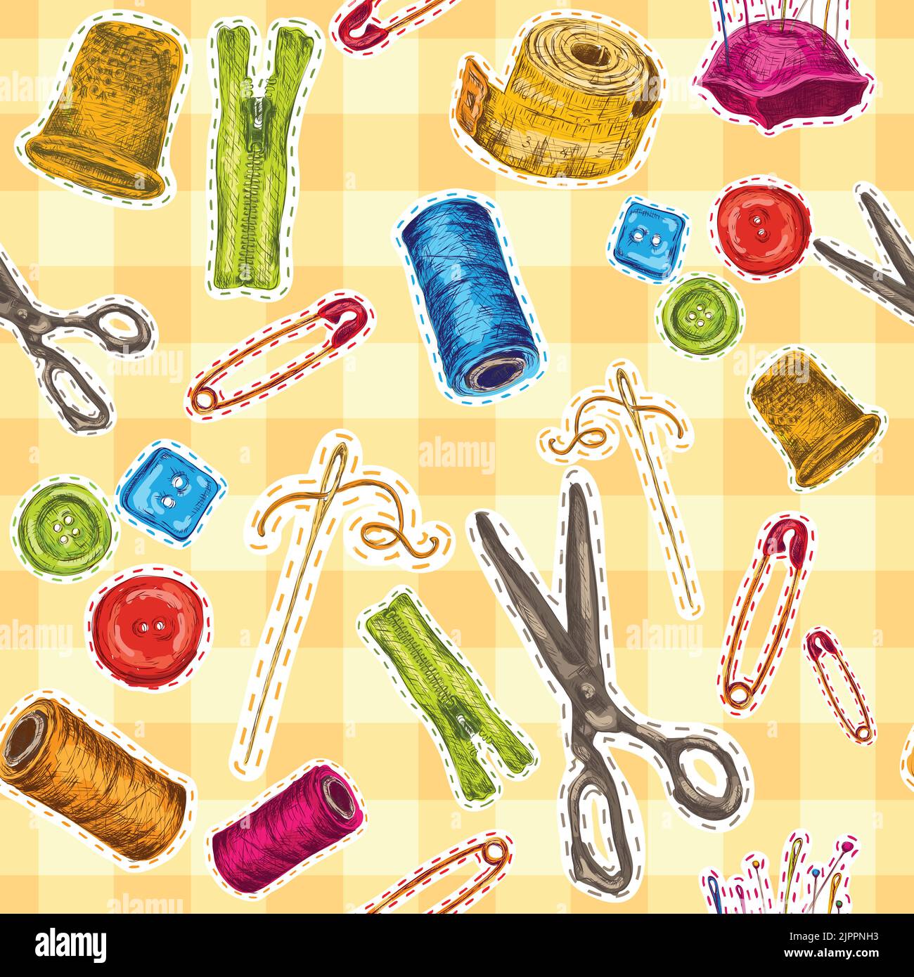Sewing dressmaking and needlework accessories sketch seamless pattern ...