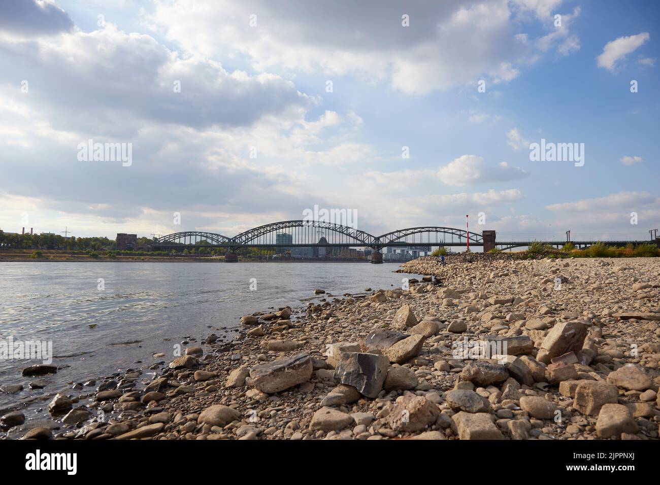 dry shore of rhine river in Cologne at extremly low tide, caused by ...
