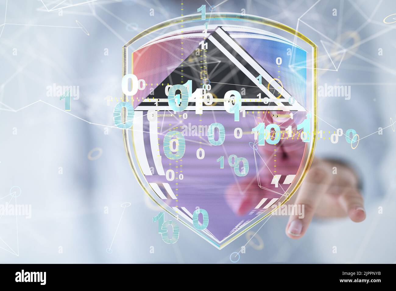 A hand touching the cybersecurity model of digital network systems ...