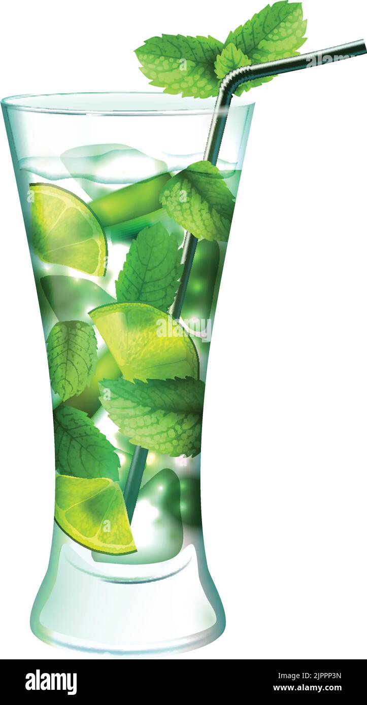 Mojito realistic cocktail in glass with lime mint and drinking straw ...