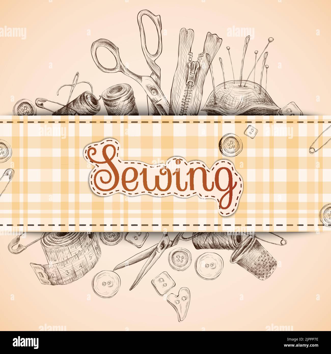 Sewing paper card with dressmaking accessories sketch background vector ...