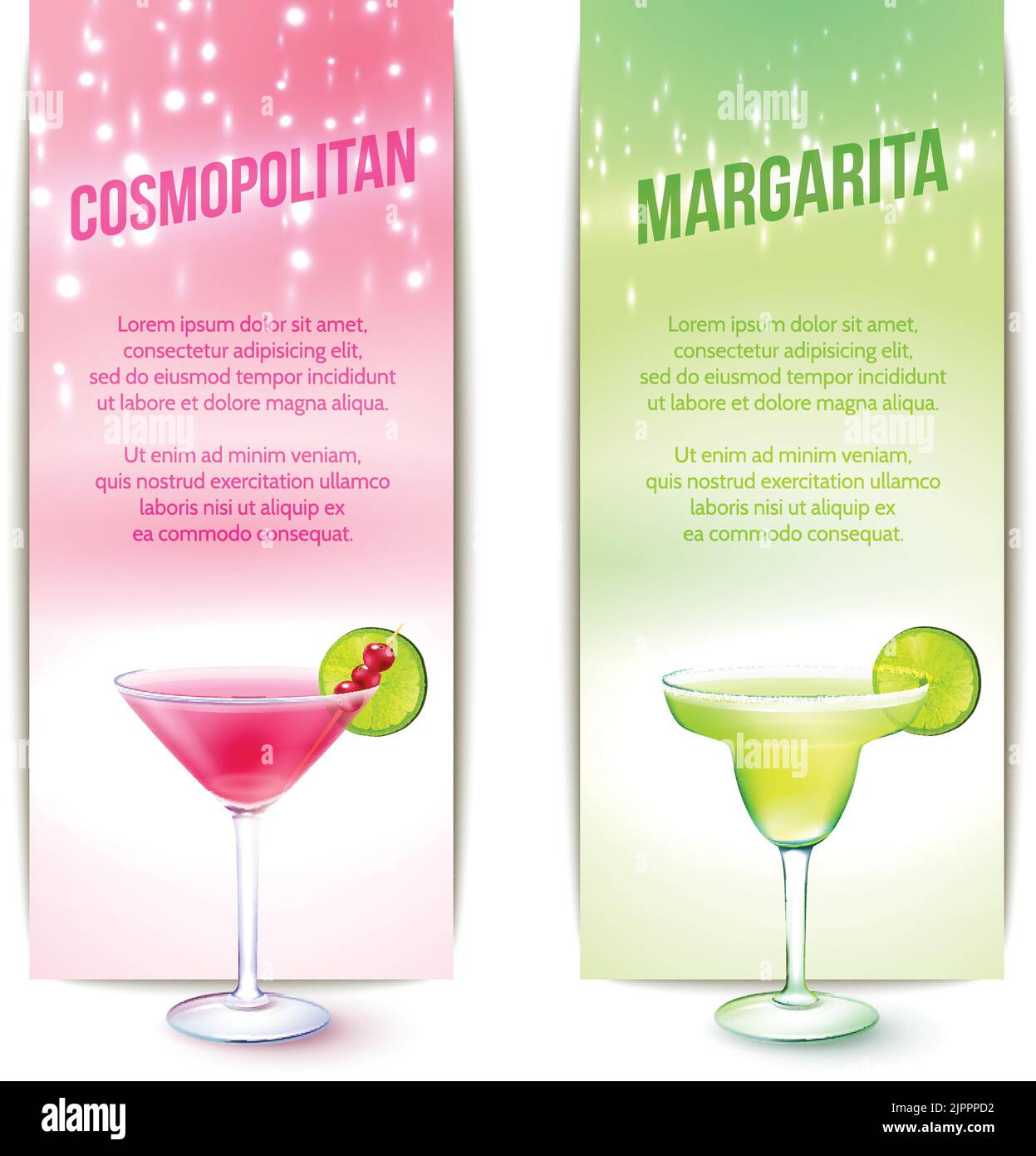 Cosmopolitan and margarita cocktails vertical banner set isolated ...