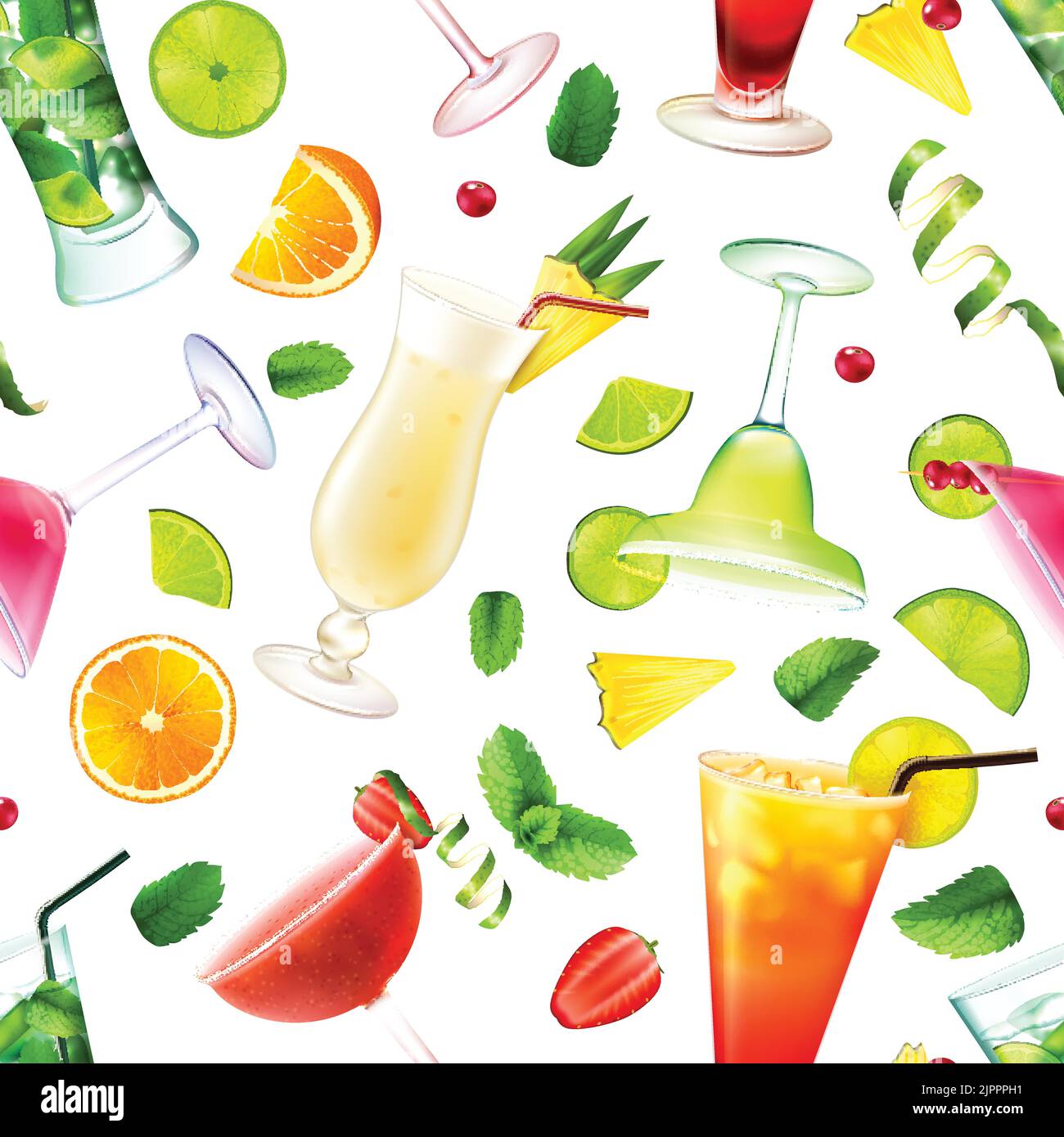 Cocktail seamless pattern with alcohol drinks in glasses and decoration ...