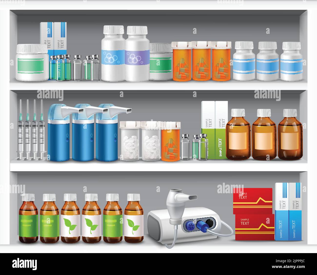Pharmacy shelves with medicine pills bottles liquids and capsules ...