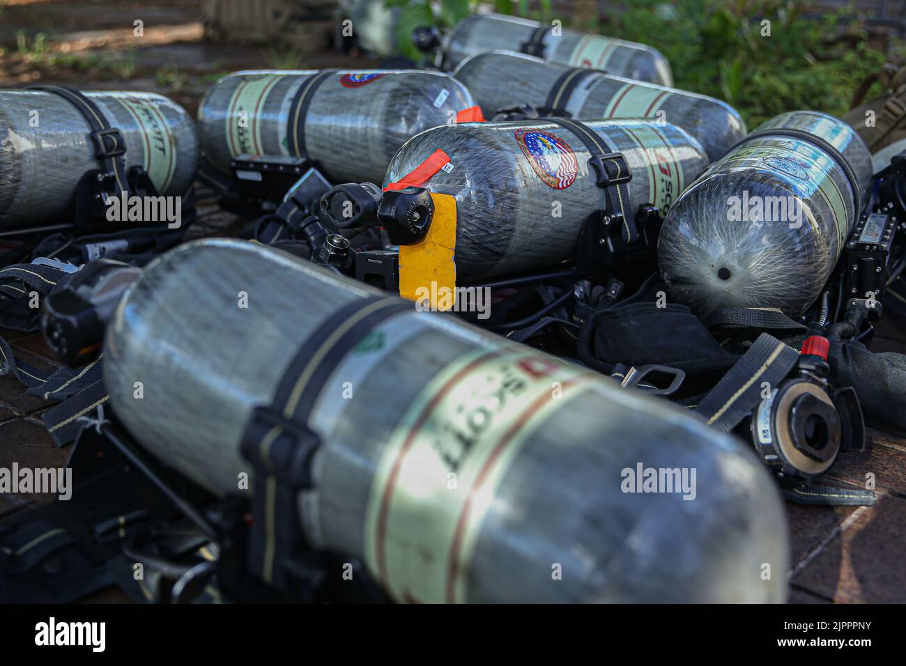 Oxygen tanks stand by for use by 3rd Marine Logistics Group Marines ...
