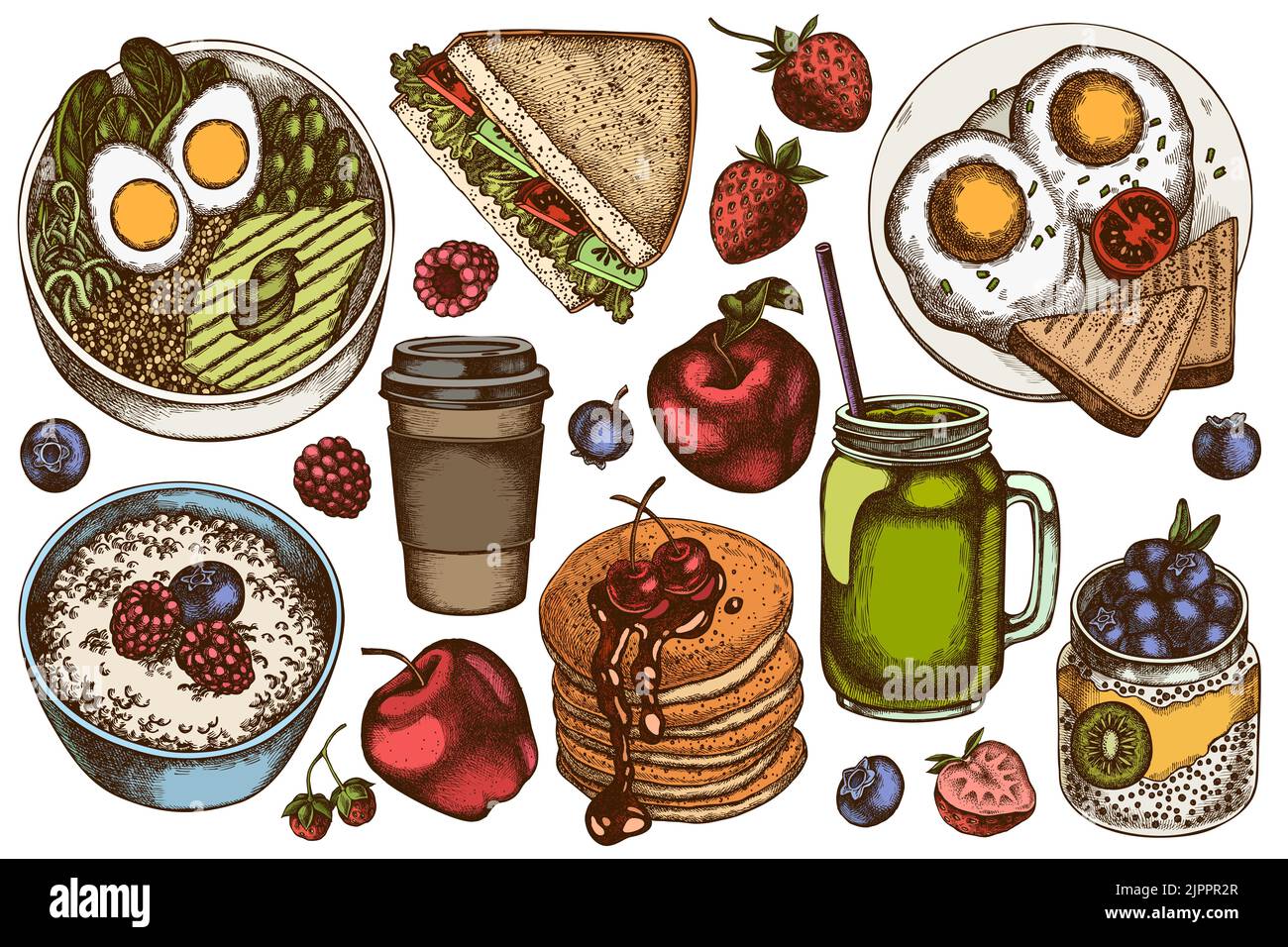 Breakfast hand drawn vector illustrations collection. Colored sandwich ...