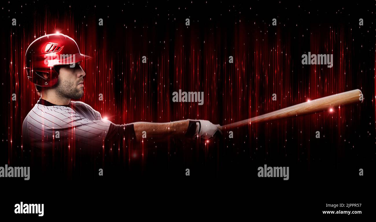 Baseball Player in a red uniform, on a black and red background Stock ...