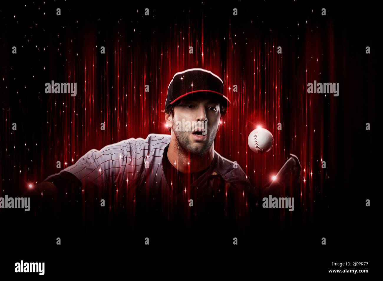Baseball Player in a red uniform, on a black and red background Stock ...