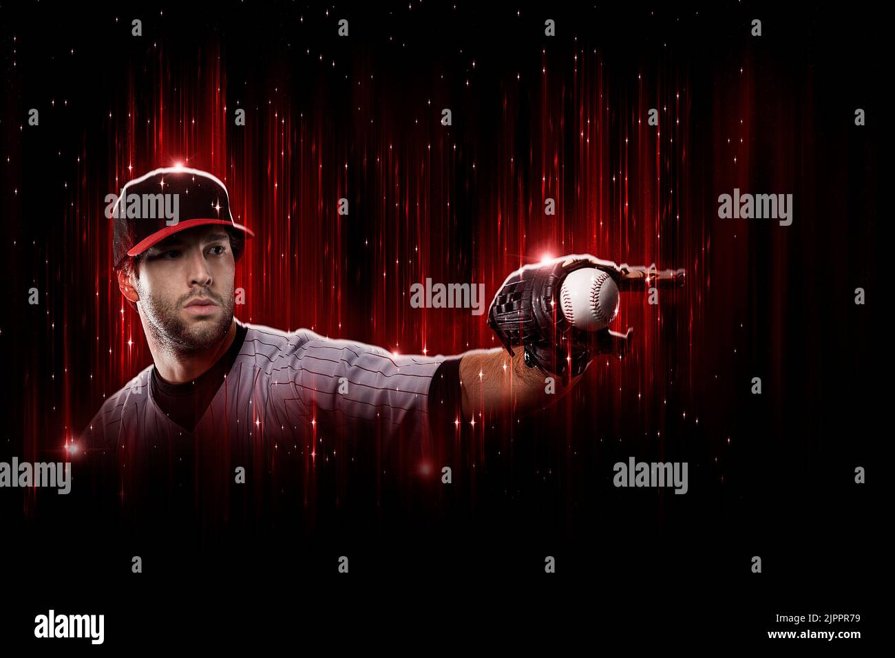 Baseball Player in a red uniform, on a black and red background Stock ...
