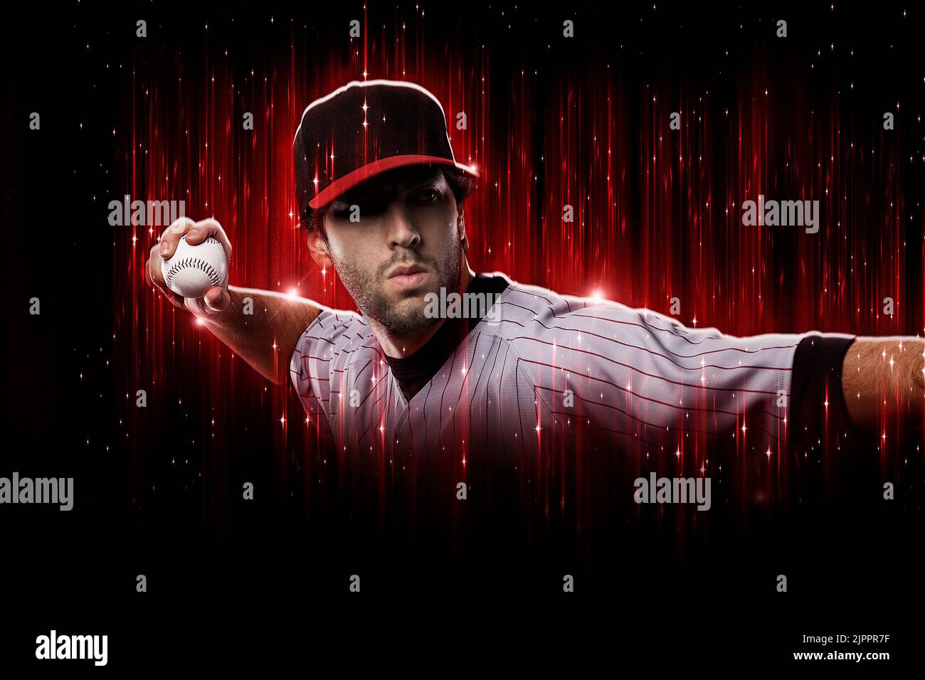Baseball Player in a red uniform, on a black and red background Stock ...