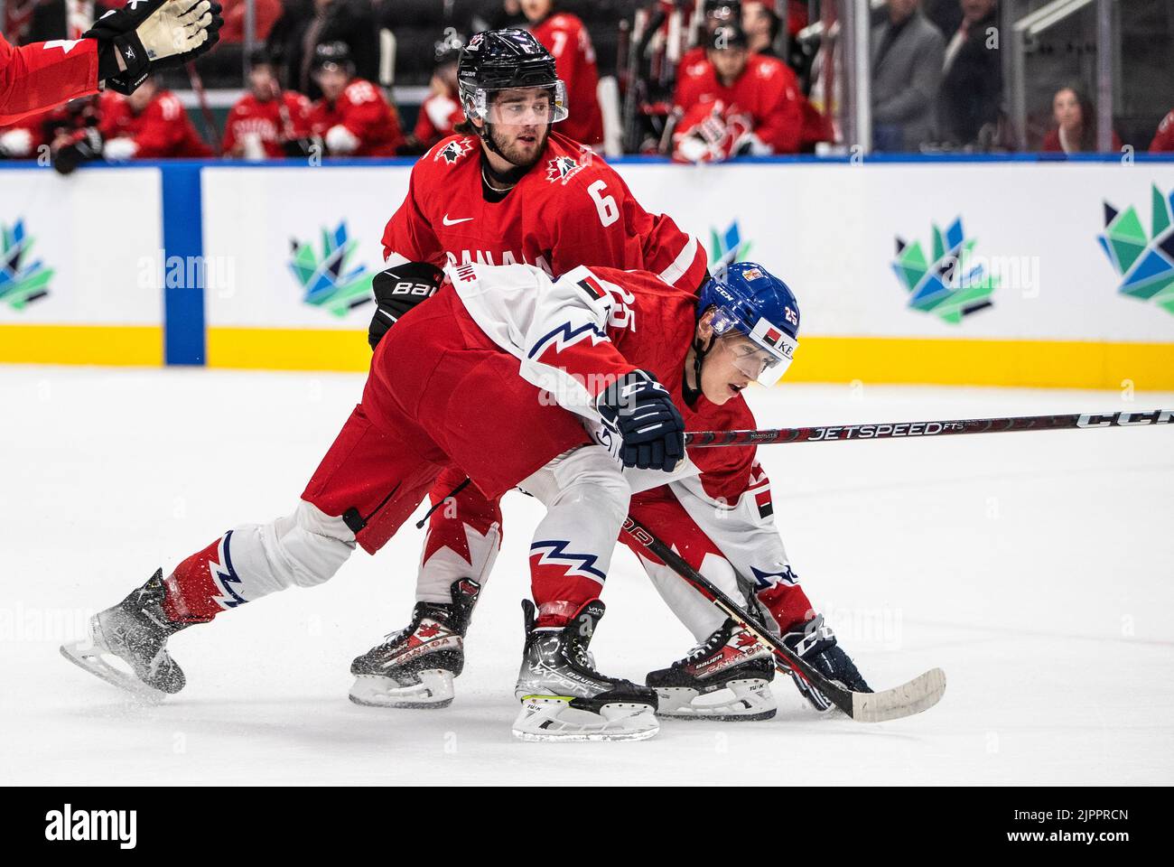 Canada's Lukas Cormier (6) checks Czechia's Jiri Kulich (25) during ...
