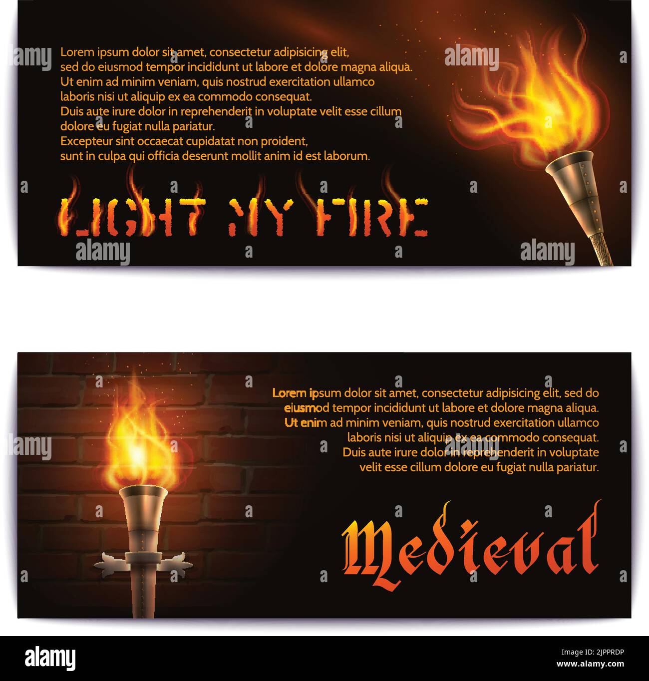 Horizontal banner set with realistic torch medieval fire light elements ...