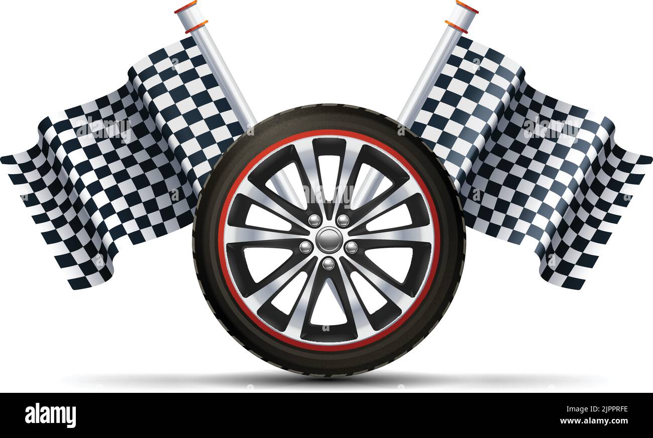 Realistic auto car wheel with flags racing sport concept vector ...