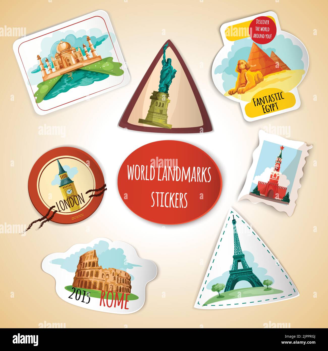 World landmarks paper stickers set with liberty statue pisa tower ...