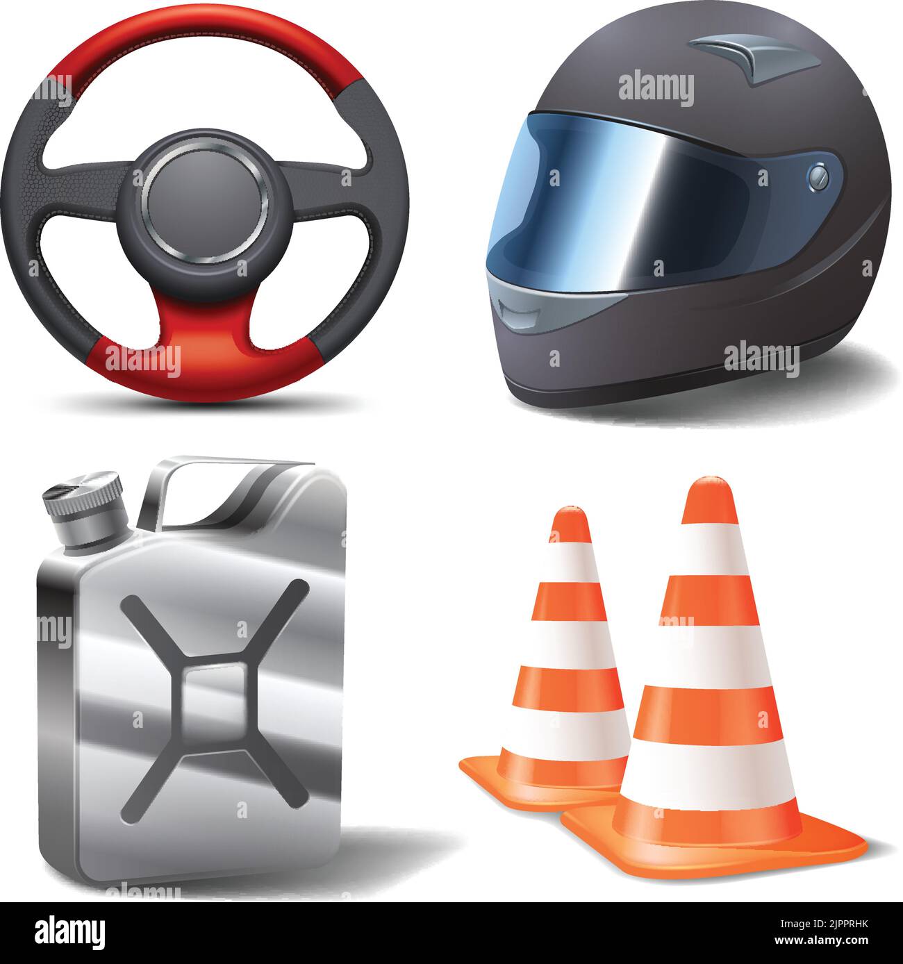 Car auto sport racing realistic icons set with steering wheel helmet ...