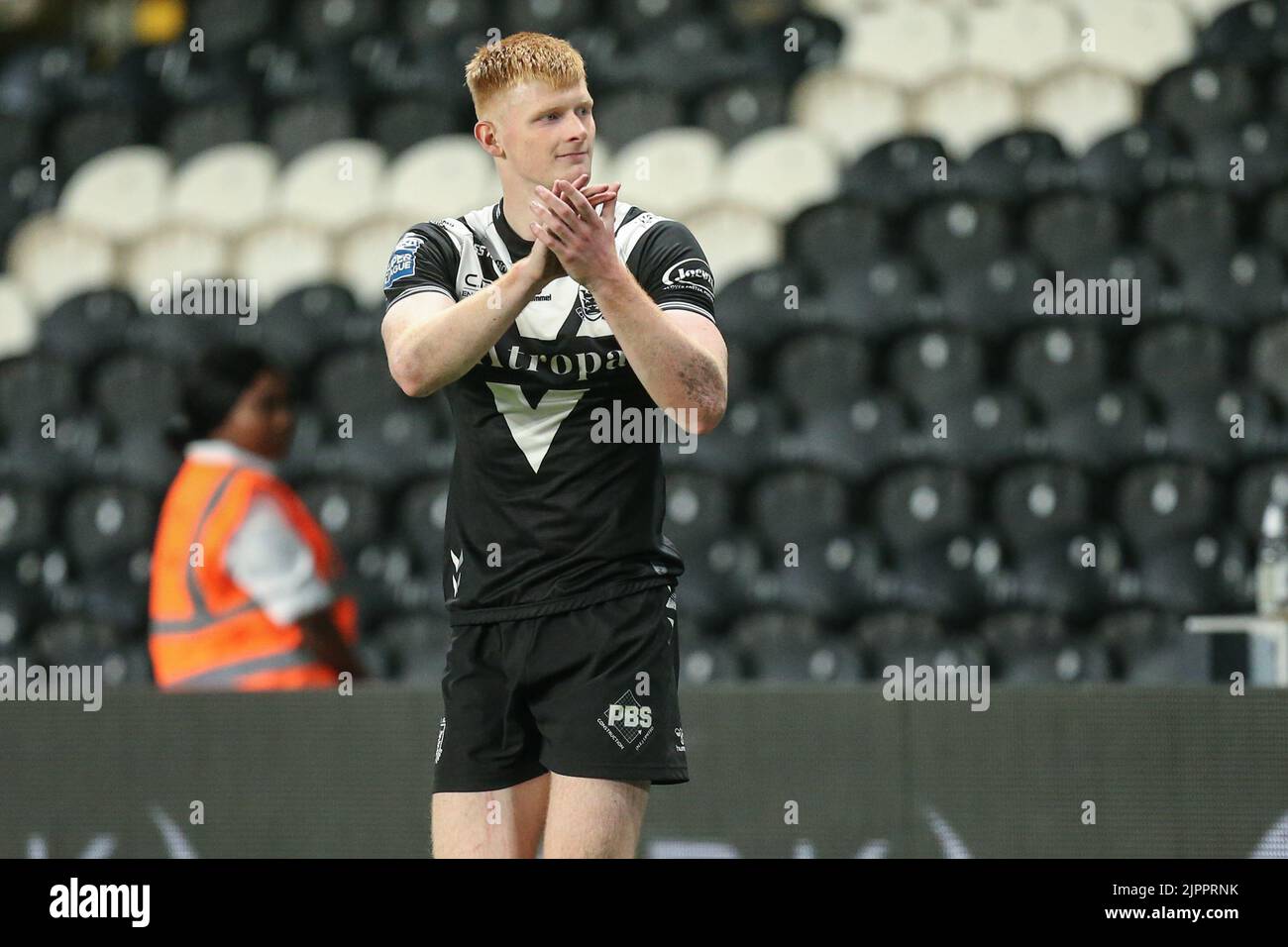Harvey Barron #32 of Hull FC applauds the remaining fans after the ...