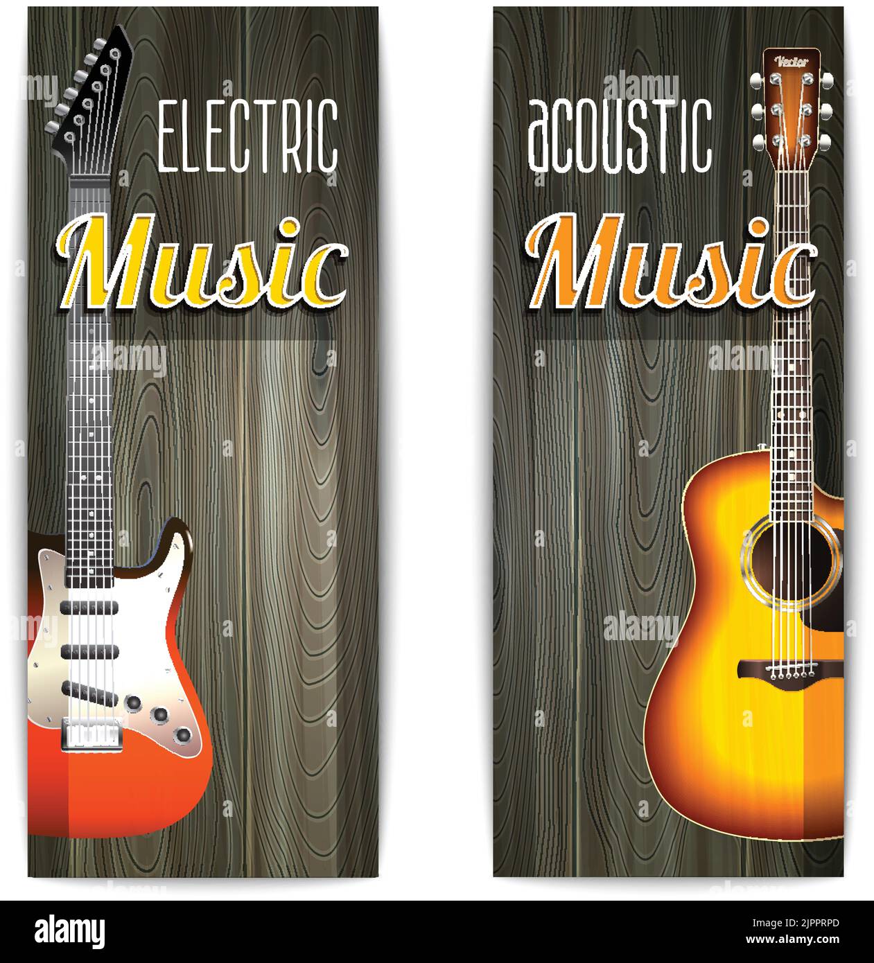 Music vertical banner set with electric and acoustic guitars on wooden ...