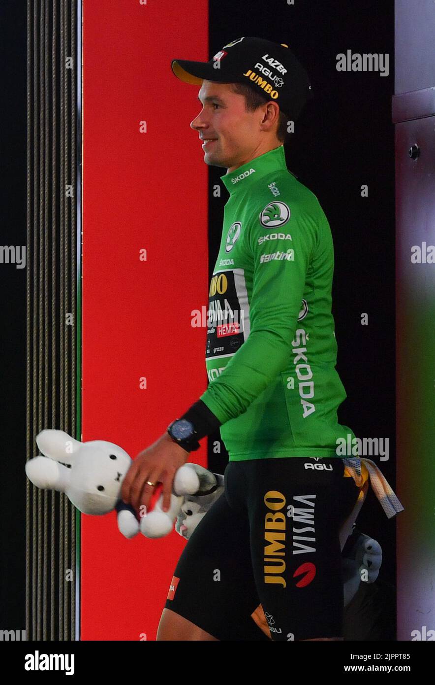 Slovenian Primoz Roglic of Jumbo-Visma celebrates on the podium in the ...