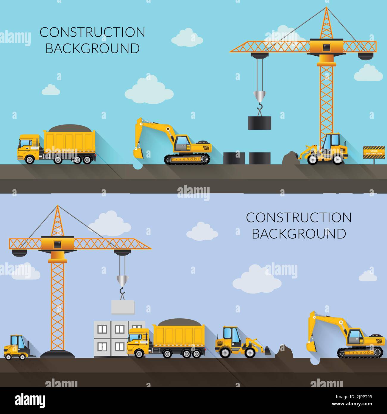 Construction background with cranes tractor trucks and industrial ...