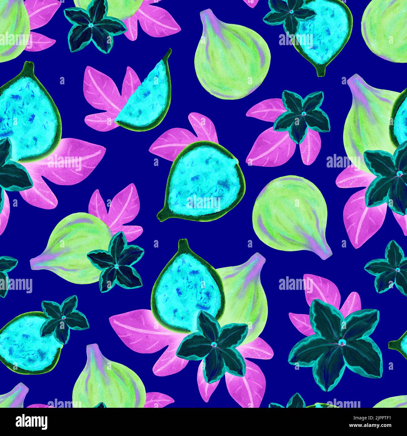 Neon fig fruit seamless pattern. Hand drawn watercolor illustration ...