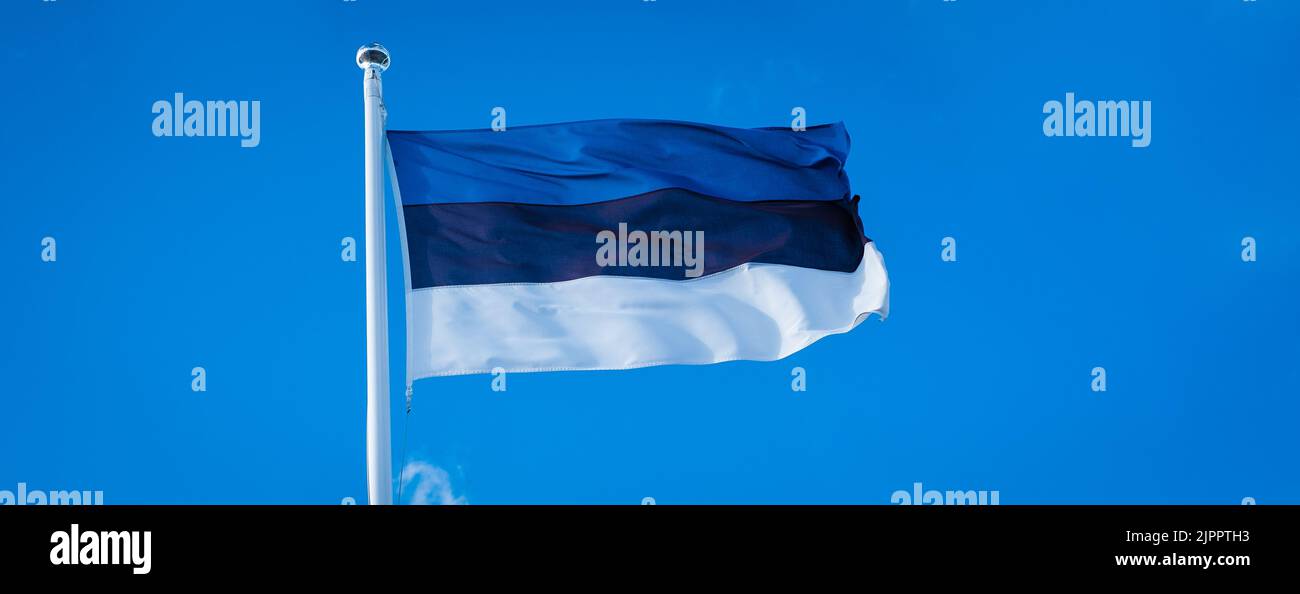 Close-up of flag of Estonia on blue sky background. Estonian flag ...