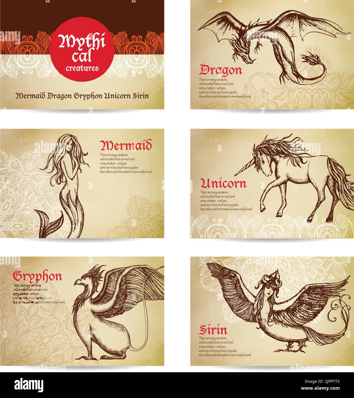 Mythical creatures hand drawn cards set with dragon mermaid and unicorn isolated vector ...