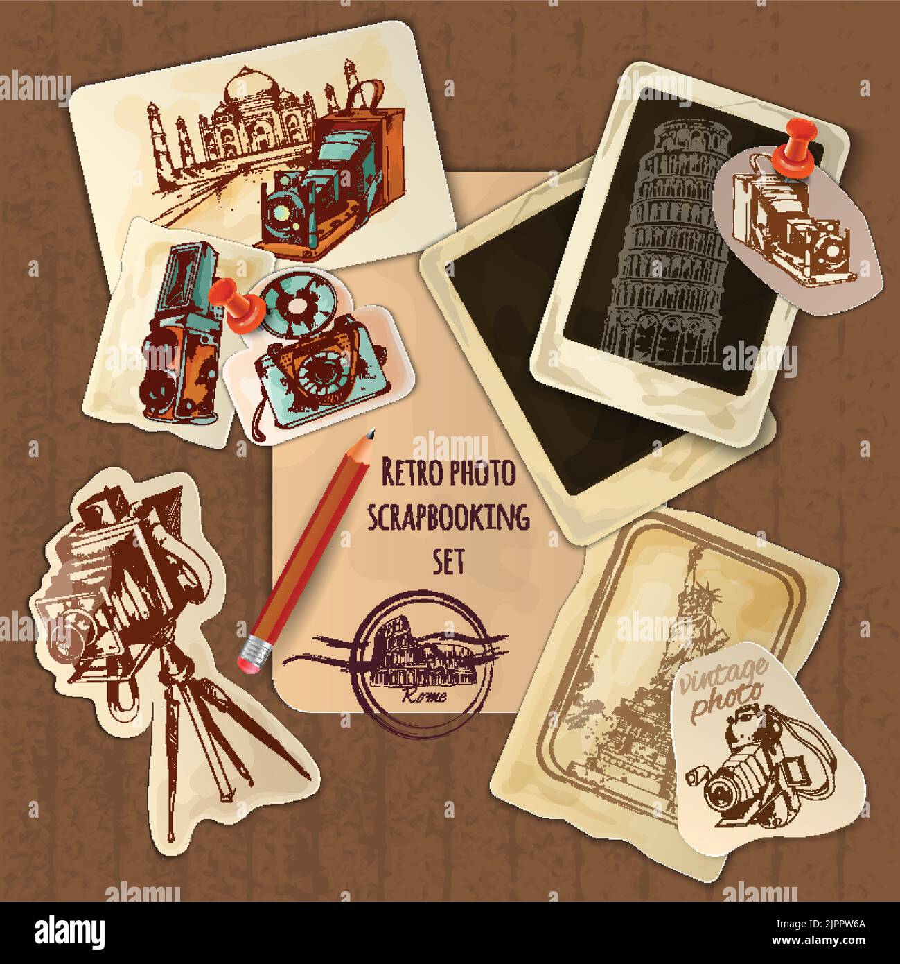 Vintage scrapbooking set with photo frames and retro cartoons vector ...