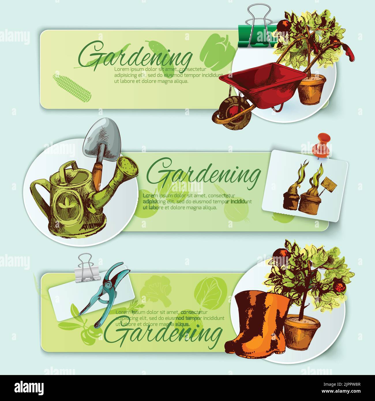 Gardening horizontal banner set with sketch farming elements isolated ...