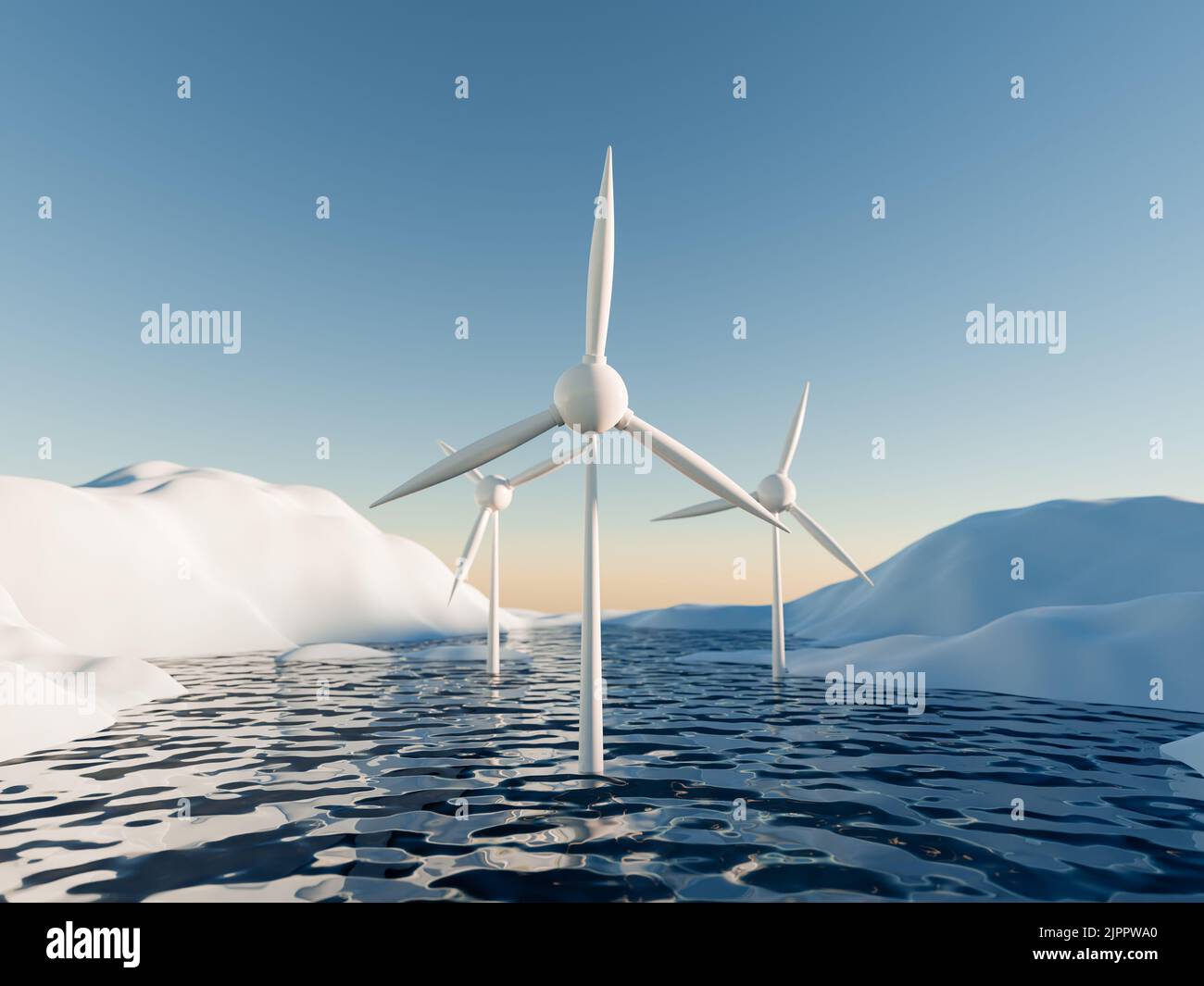 three wind turbines in water arctic landscape . 3d render of ...