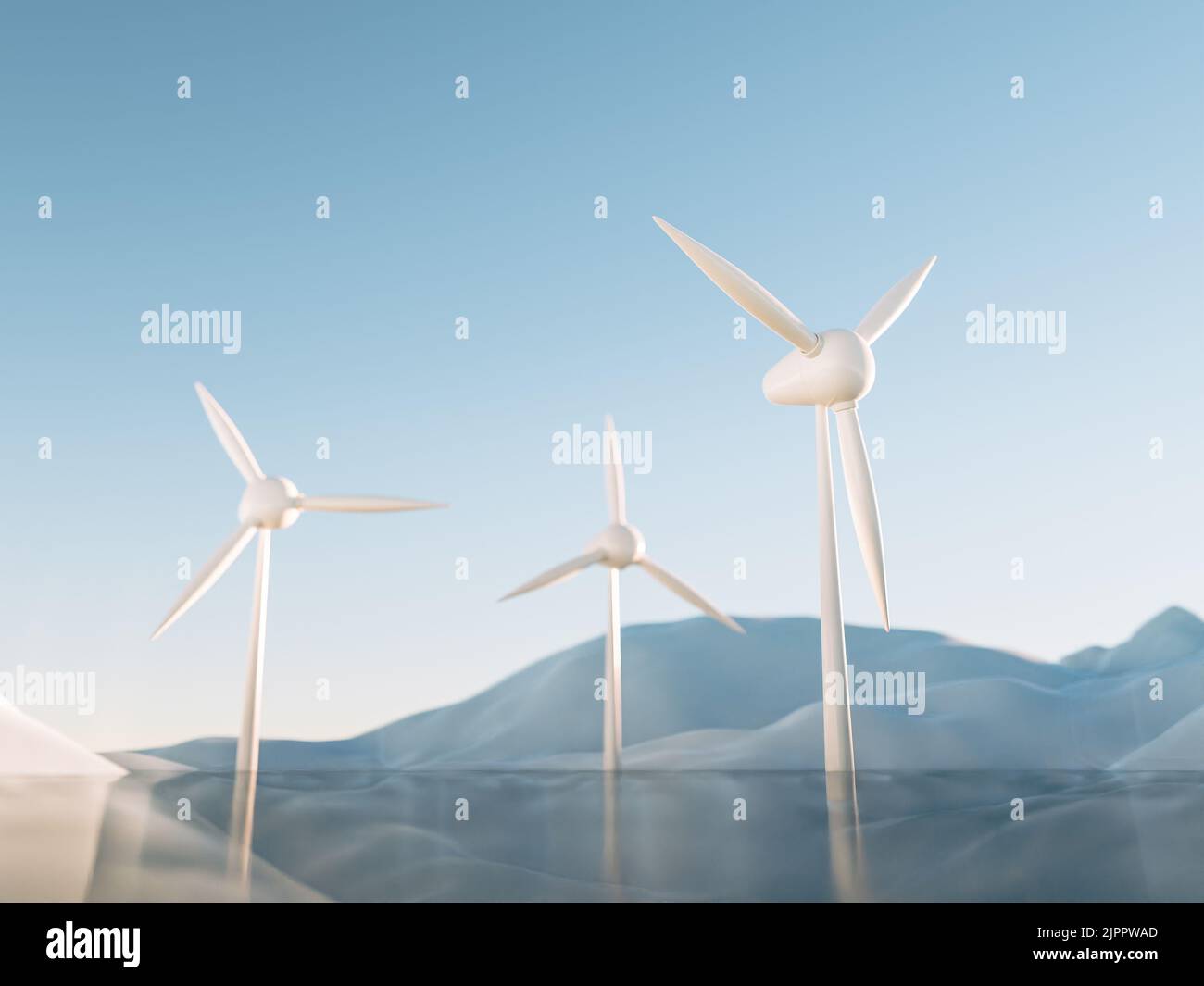 three wind turbines in water arctic landscape . 3d render of ...