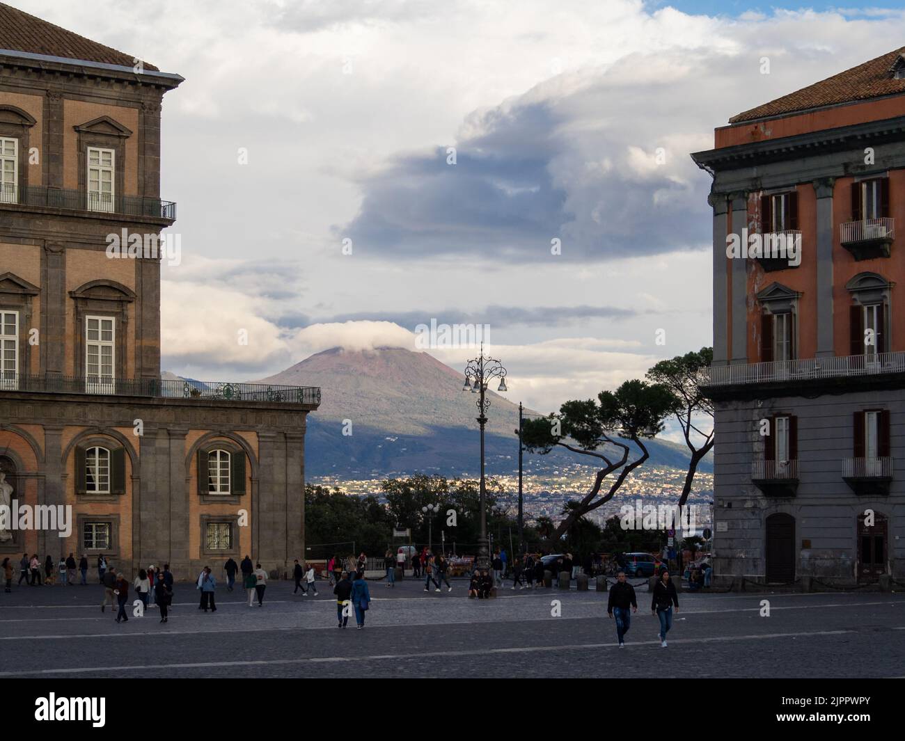 Piazza del Plebiscito wiht Mount Vesuvius in background, Naples Stock ...