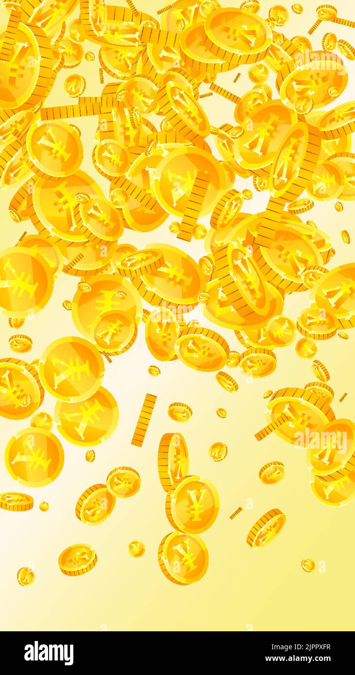 Chinese yuan coins falling. Scattered gold CNY coins. China money ...