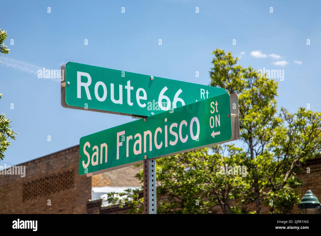 street name Route 66 in typical green street plates in Flagstaff, USA ...