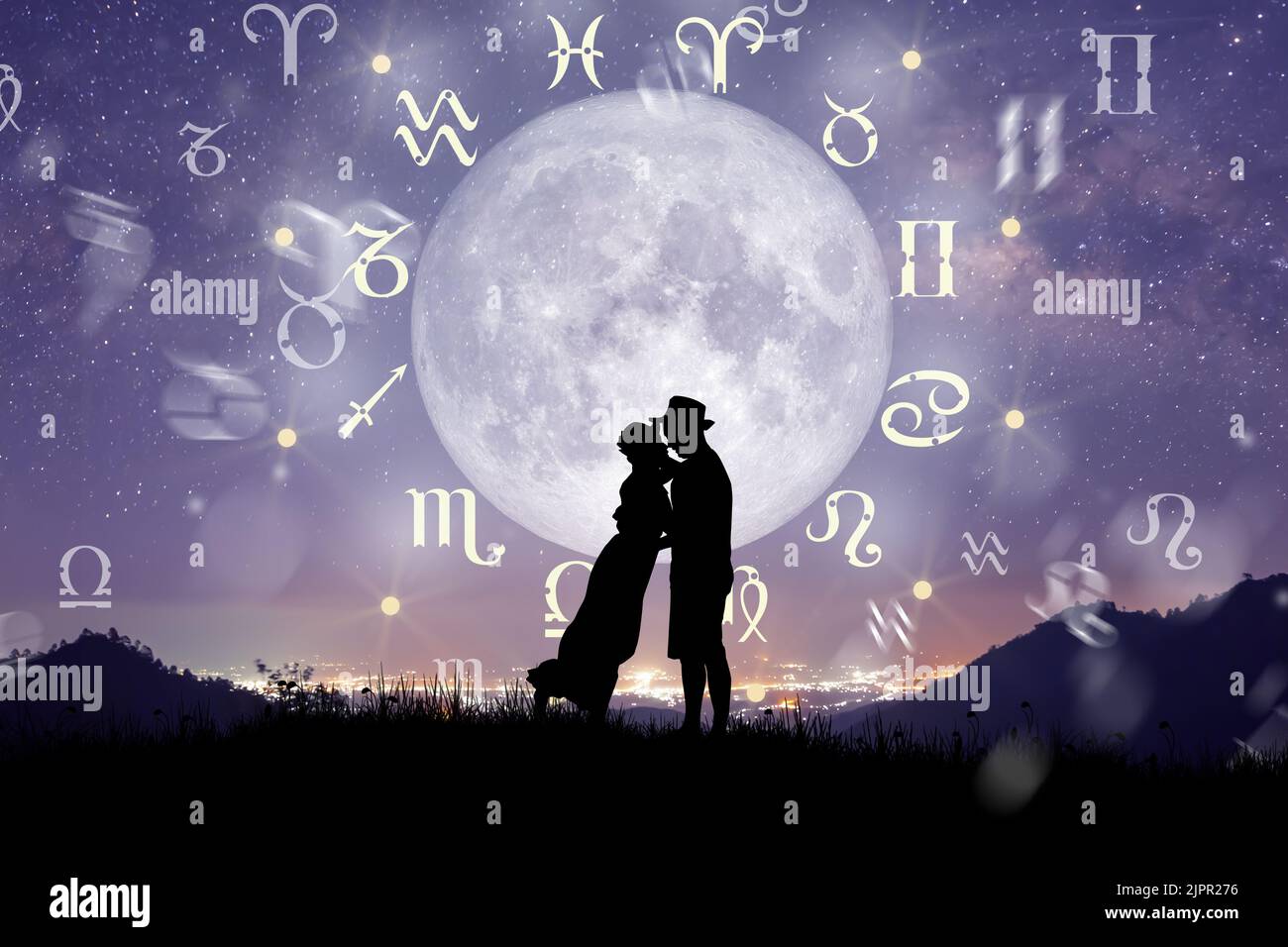 Astrological zodiac signs inside of horoscope circle. Couple singing ...