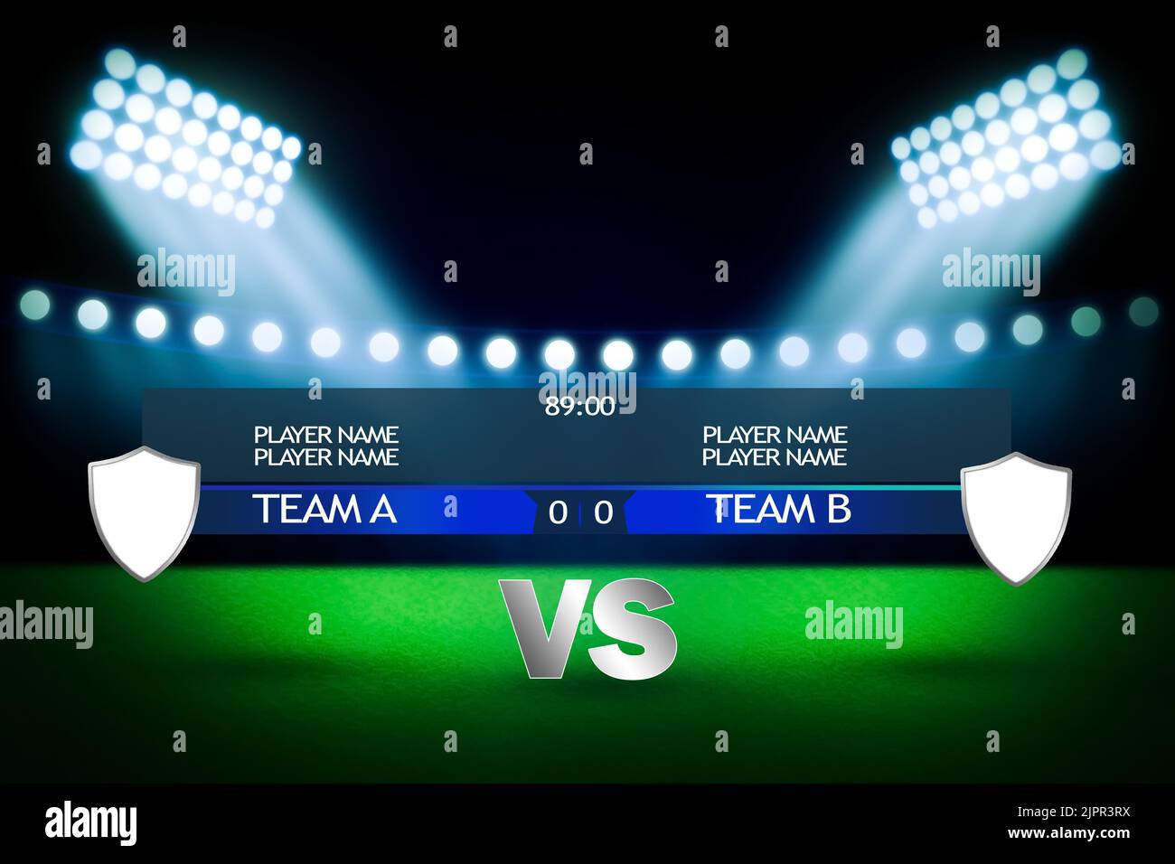 An illustration of soccer football stadium spotlight and scoreboard ...