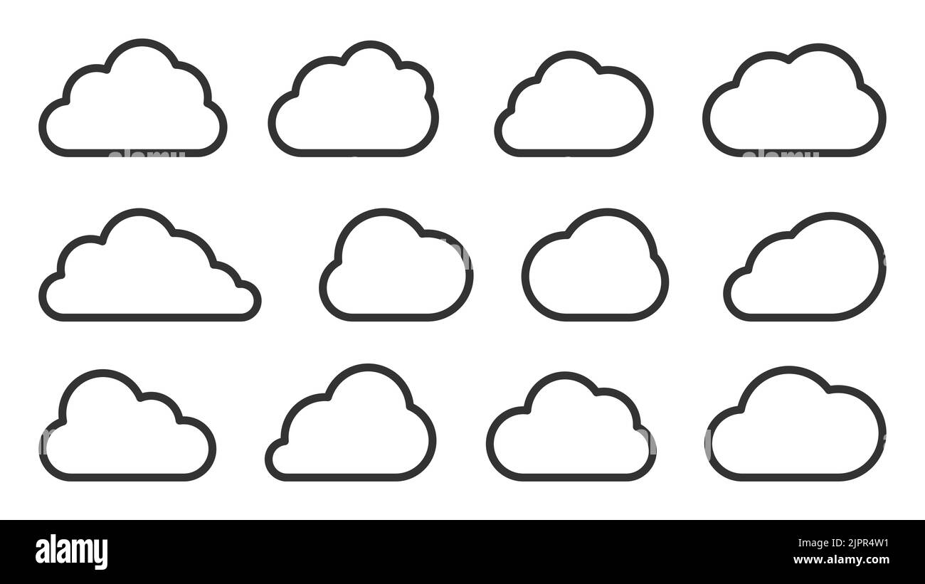 Clouds black line cartoon icon set. Different cloud outline shapes for ...