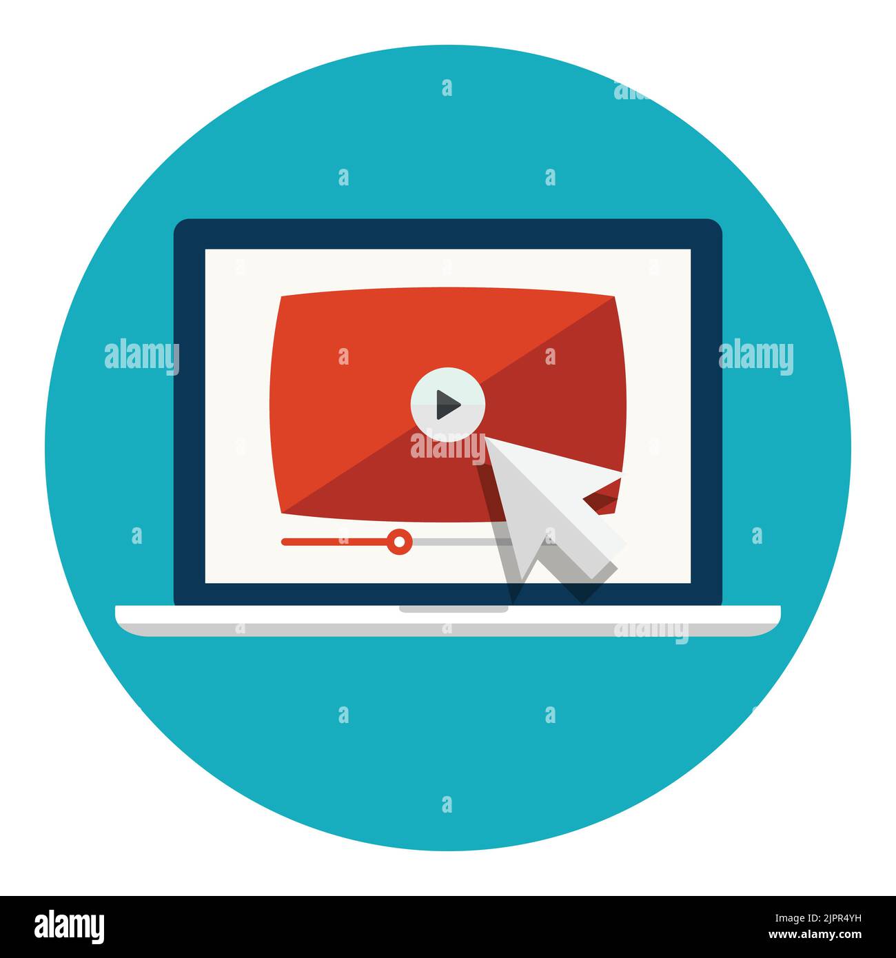 Laptop with video player on screen. Live streaming concept. Notebook with video player. Flat ...