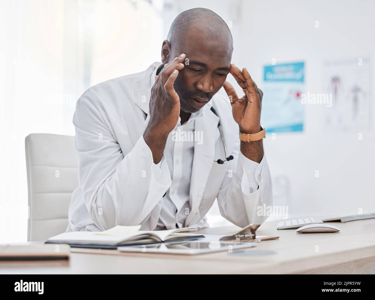 Medical healthcare, doctor or GP with headache, stressed and tired ...