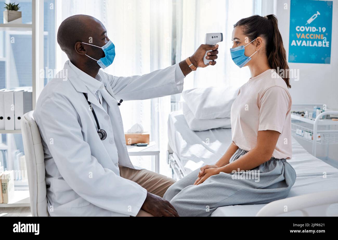 Temperature, thermometer and covid routine with doctor, medical ...