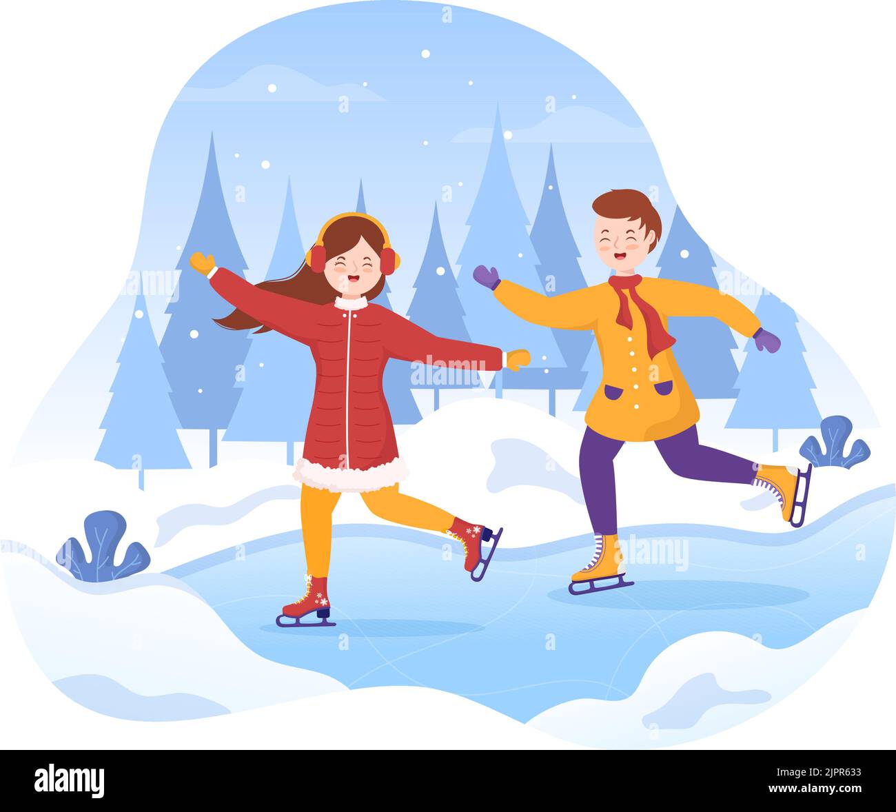 Ice Skating Hand Drawn Cartoon Flat Illustration of Winter Fun Outdoors ...